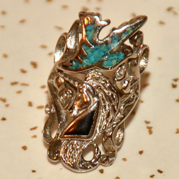 G&S | Jewelry | Huge Vintage Silver Gs Turquoise Bird Ring Black | Poshmark
